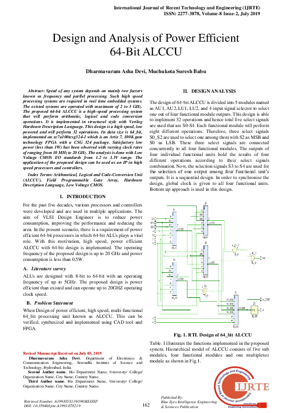 (PDF) Design and Analysis of Power Efficient 64-Bit ALCCU