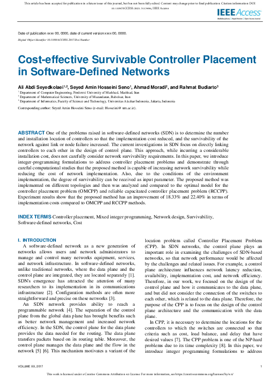 Pdf Cost Effective Survivable Controller Placement In Software Defined Networks