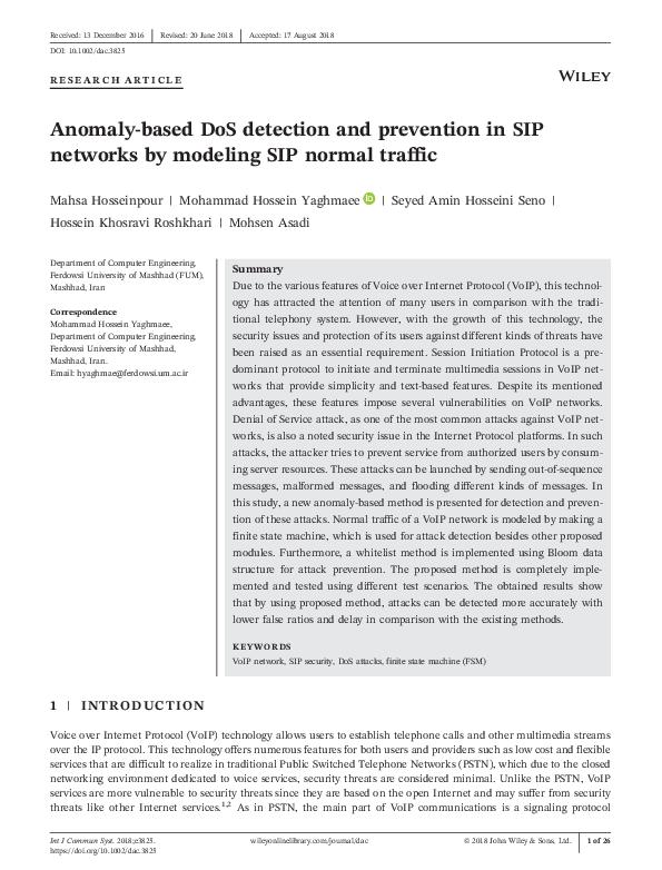 Pdf Anomaly Based Dos Detection And Prevention In Sip Networks By Modeling Sip Normal Traffic