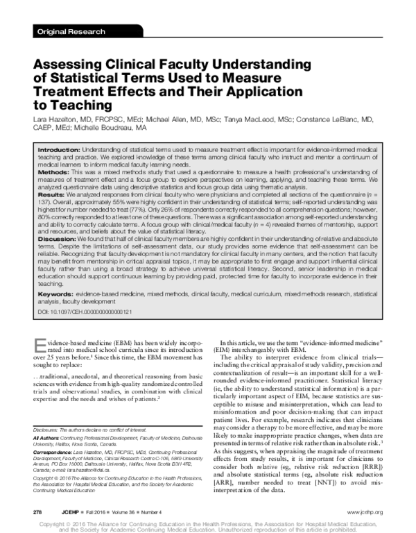 (PDF) Assessing Clinical Faculty Understanding of Statistical Terms Used to Measure Treatment ...
