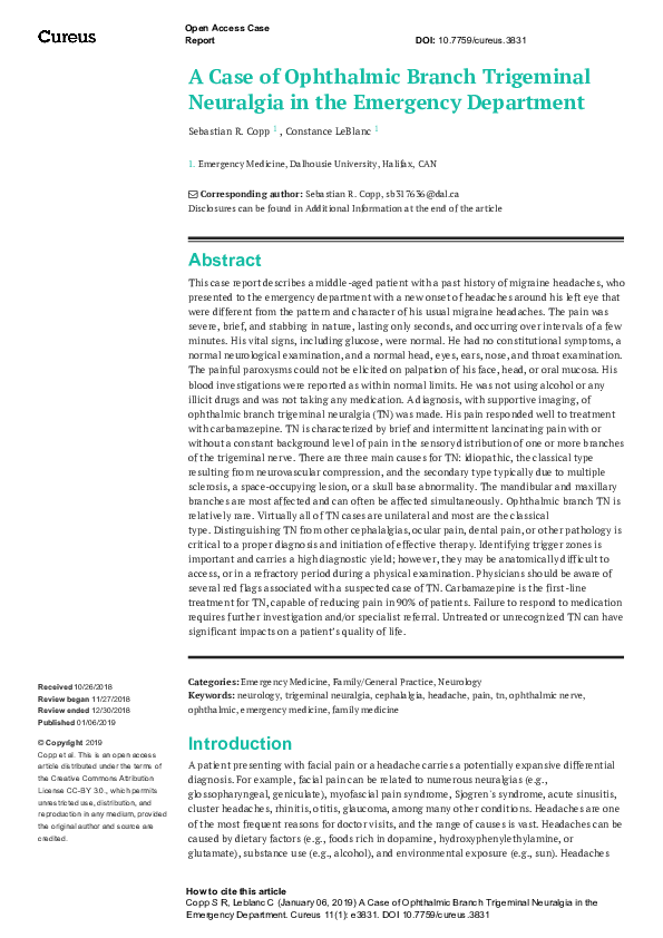(PDF) A Case of Ophthalmic Branch Trigeminal Neuralgia in the Emergency ...