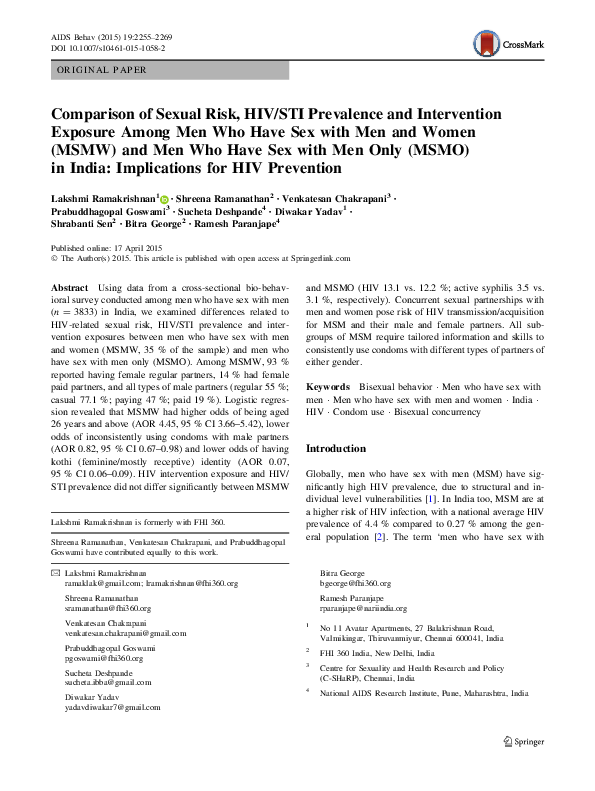 (PDF) Comparison of Sexual Risk, HIV/STI Prevalence and Intervention ...