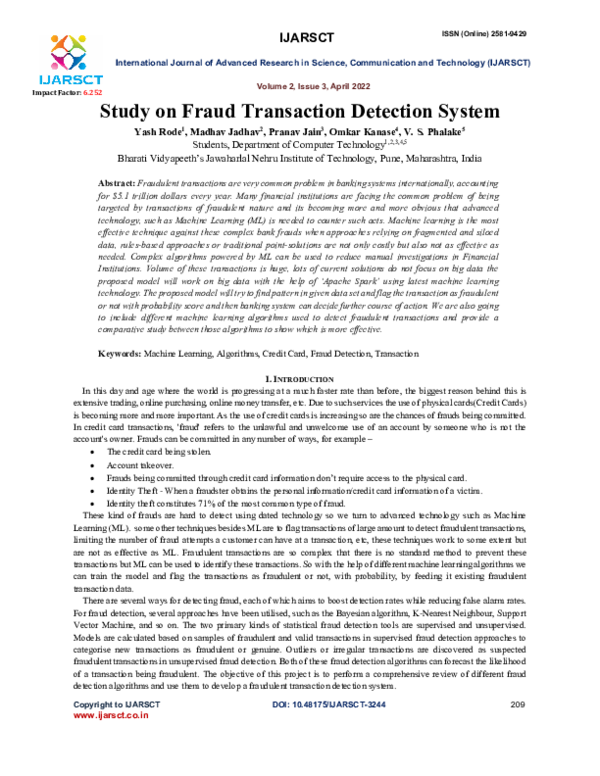(PDF) Study on Fraud Transaction Detection System