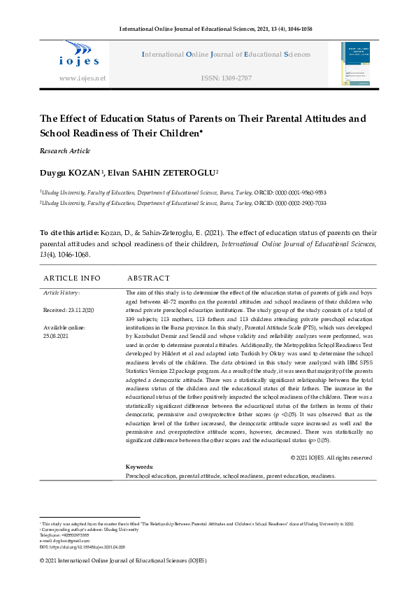 (PDF) The Effect of Education Status of Parents on Their Parental Attitudes and School Readiness ...