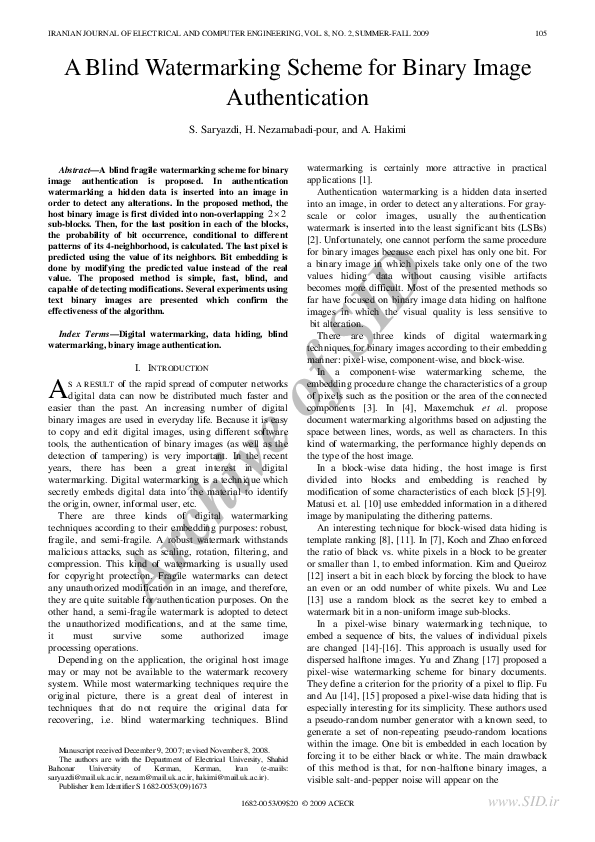 (PDF) A Blind Watermarking Scheme for Binary Image Authentication