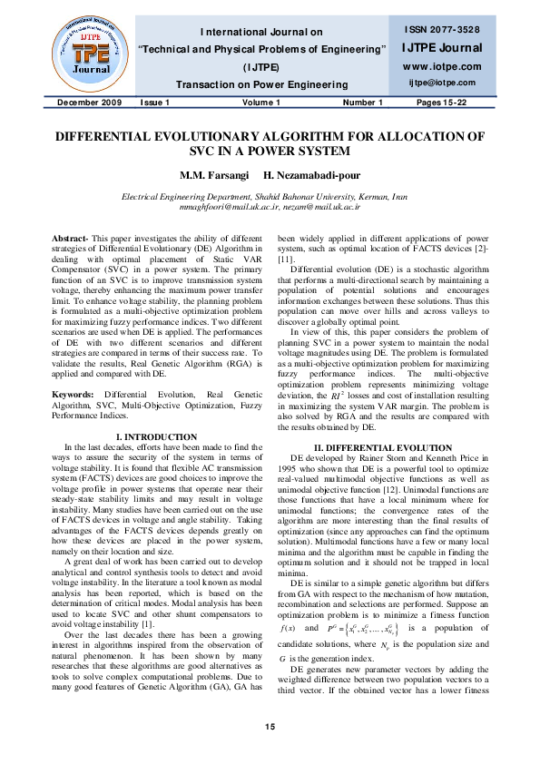 (PDF) Differential Evolutionary Algorithm for Allocation of SVC in a Power System