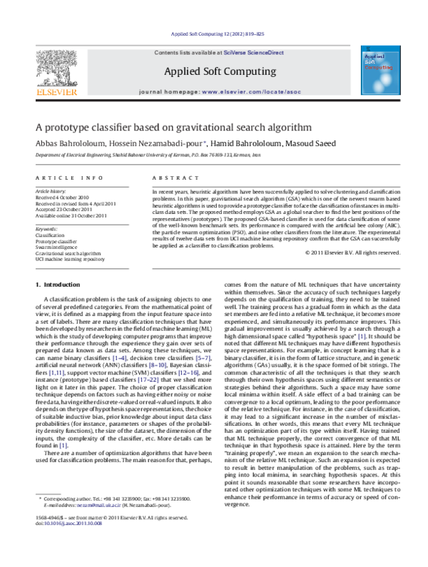 Pdf A Prototype Classifier Based On Gravitational Search Algorithm Hossein Nezamabadi Pour 