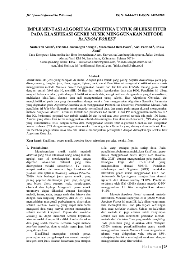 (PDF) Implementasi Algoritma Genetika Untuk Seleksi Fitur Pada ... (PDF) Implementasi Algoritma Genetika Untuk Seleksi Fitur Pada ...