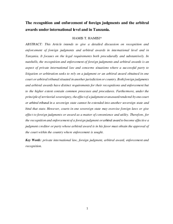 (PDF) The Recognition and Enforcement of Foreign Judgments and Arbitral Awards in the ...