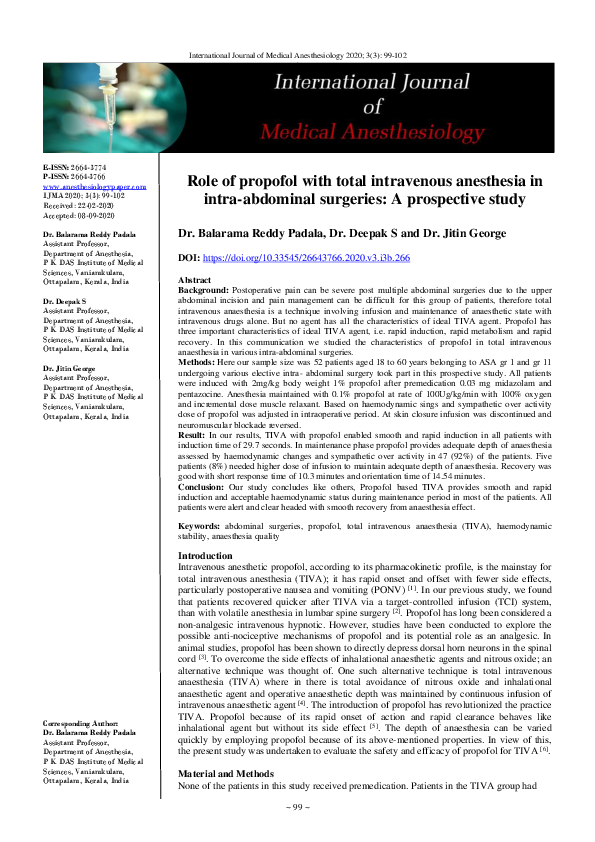 (PDF) Role of propofol with total intravenous anesthesia in intra ...