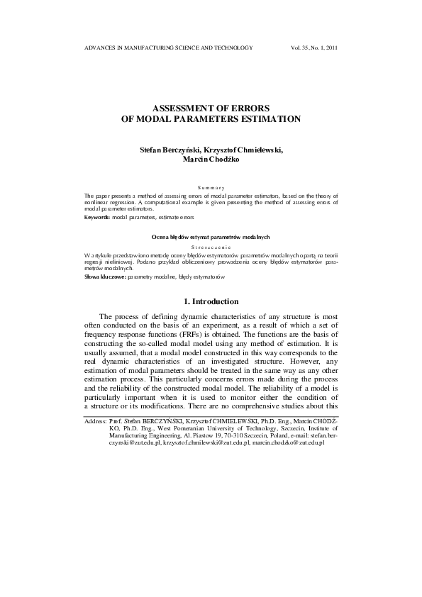 Pdf Evaluating Errors In Modal Parameter Estimation Using Regression