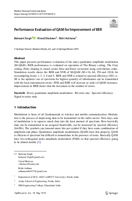 Pdf Performance Evaluation Of Qam For Improvement Of Ber