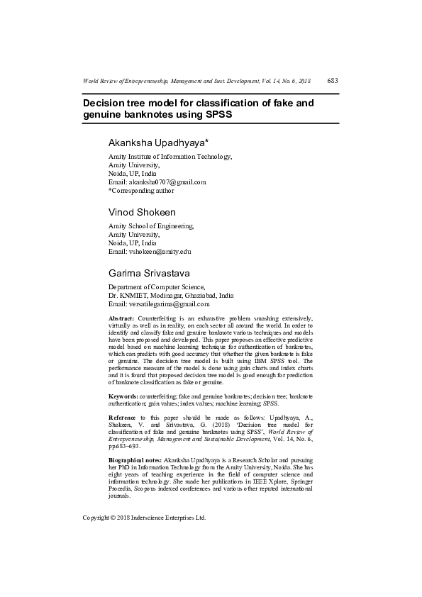 Pdf Decision Tree Model For Classification Of Fake And Genuine Banknotes Using Spss