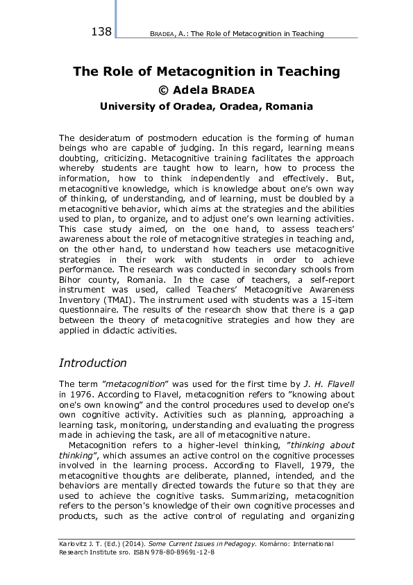 (PDF) The Role of Metacognition in Teaching | Adela Bradea - Academia.edu