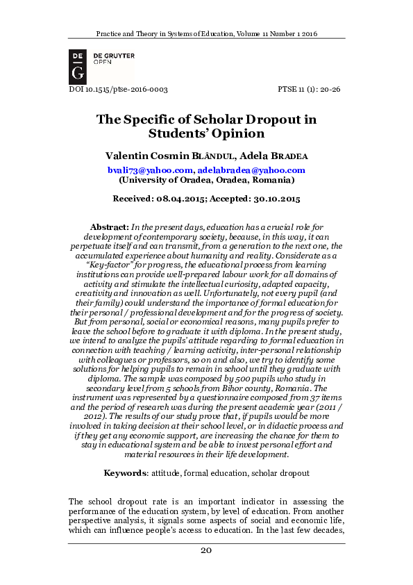 (PDF) The Specific of Scholar Dropout in Students’ Opinion