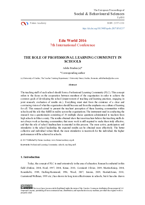 (PDF) The Role Of Professional Learning Community In Schools