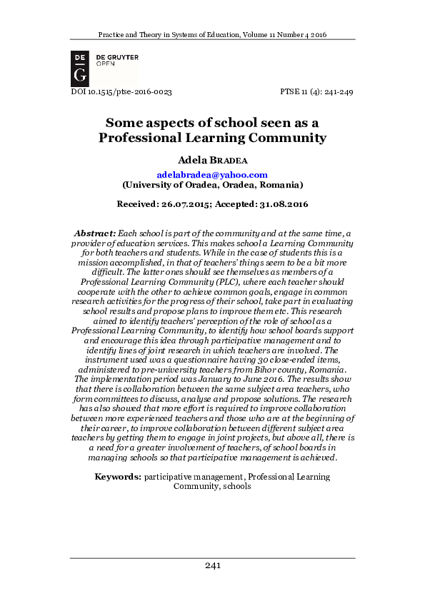 (PDF) Some aspects of school seen as a Professional Learning Community