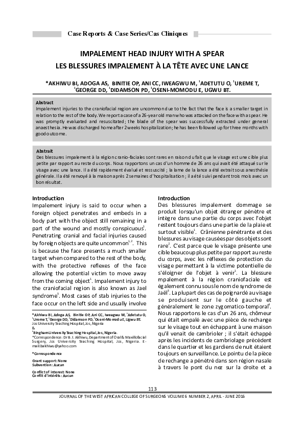 (PDF) Impalement Head Injury with a Spear