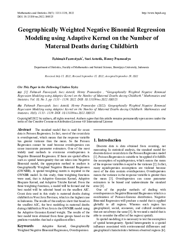 (PDF) Geographically Weighted Negative Binomial Regression Modeling using Adaptive Kernel on the ...
