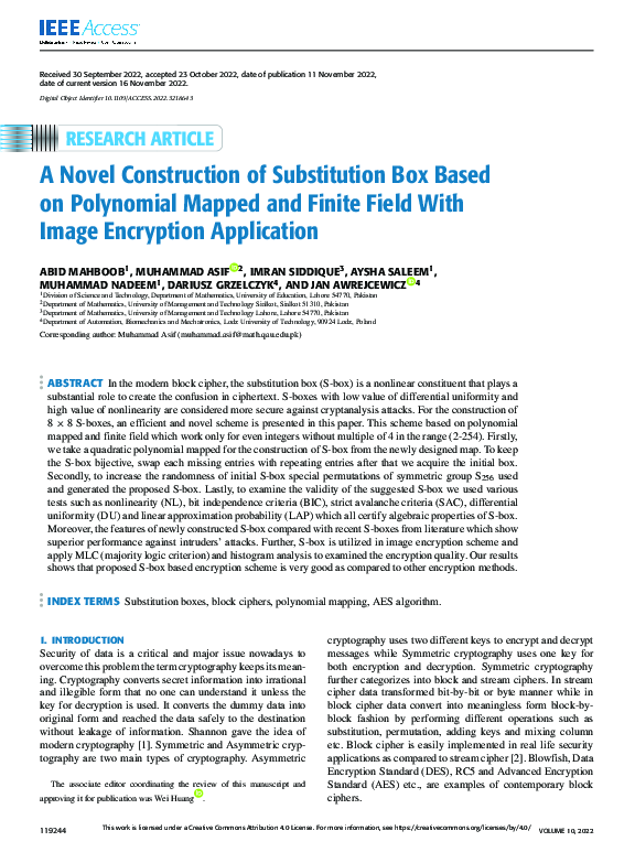 (PDF) A Novel Construction of Substitution Box Based on Polynomial Mapped and Finite Field With ...