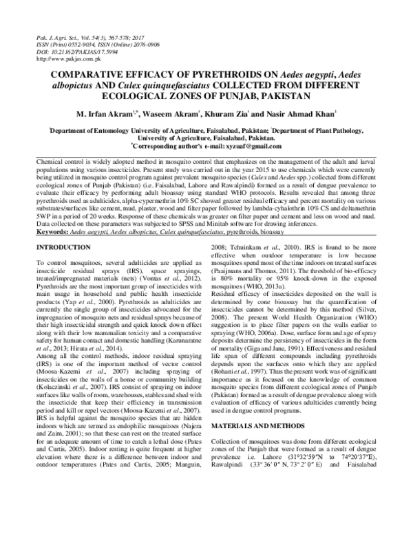 (PDF) COMPARATIVE EFFICACY OF PYRETHROIDS ON Aedes aegypti, Aedes albopictus AND Culex ...