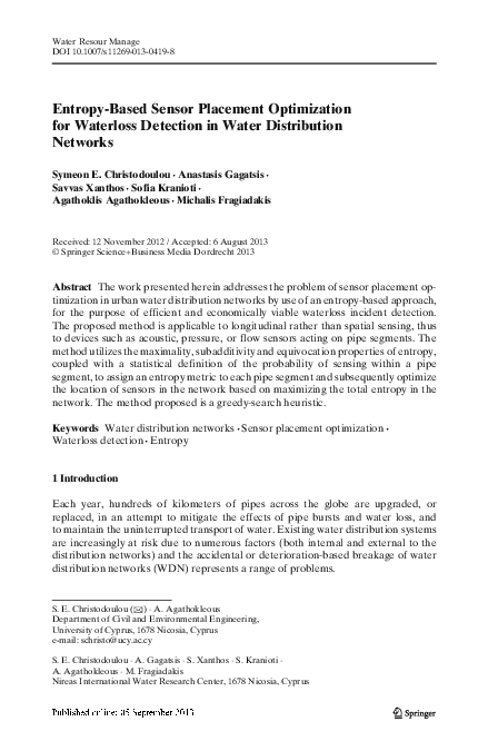 (PDF) Entropy-Based Sensor Placement Optimization for Waterloss Detection in Water Distribution ...