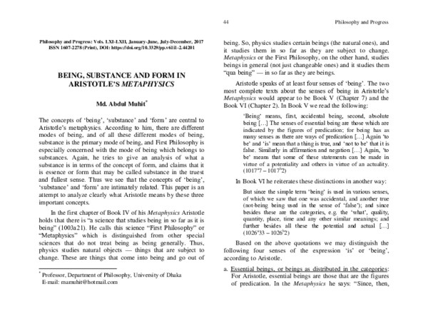 (PDF) Being, Substance and Form in Aristotle’s Metaphysics
