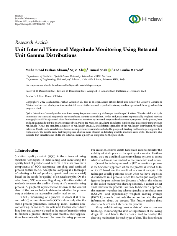 (PDF) Unit Interval Time and Magnitude Monitoring Using Beta and Unit Gamma Distributions