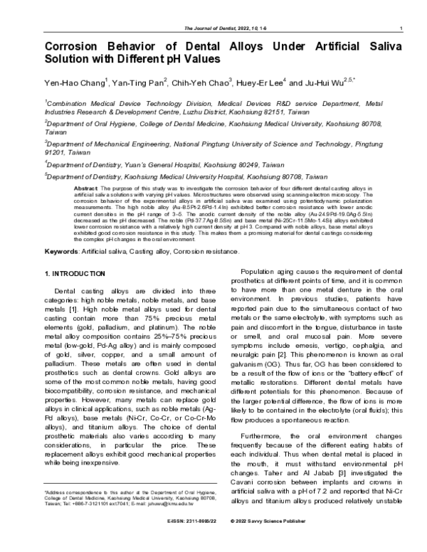 (PDF) Corrosion Behavior of Dental Alloys Under Artificial Saliva ...