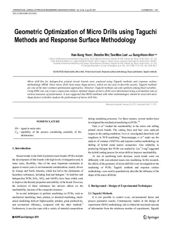 (PDF) Geometric optimization of micro drills using Taguchi methods and response surface methodology