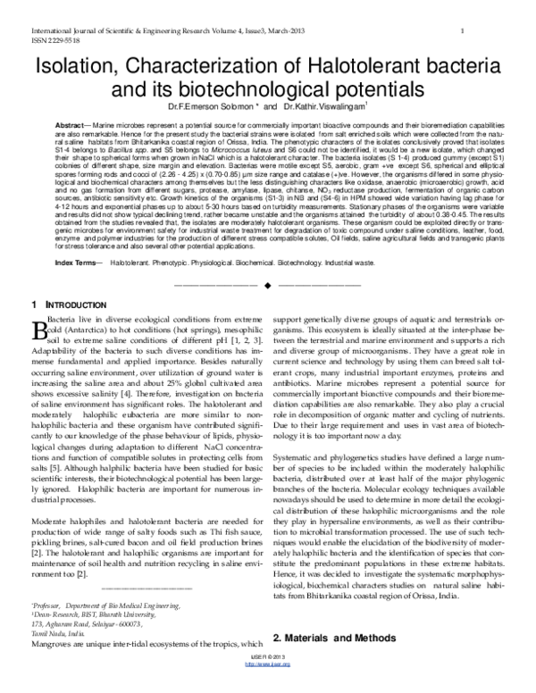 (PDF) Isolation, Characterization of Halotolerant bacteria and its biotechnological potentials
