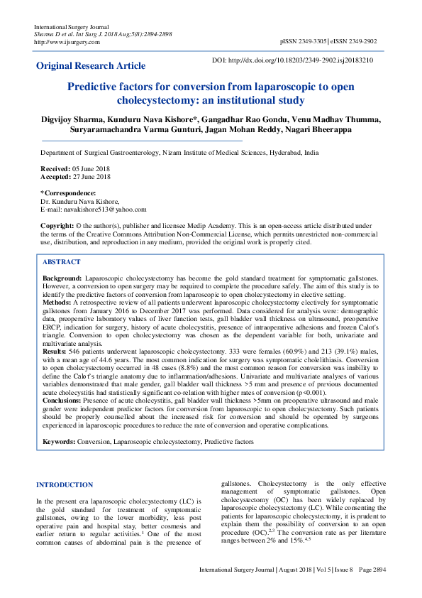 (PDF) Predictive factors for conversion from laparoscopic to open cholecystectomy: an ...