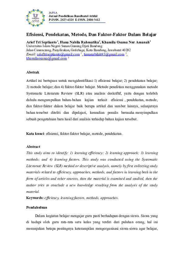 (DOC) Efisiensi, Pendekatan, Metode, Dan Faktor-Faktor Dalam Belajar