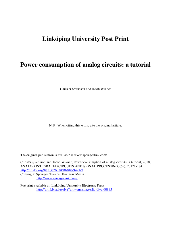 (PDF) Power consumption of analog circuits: a tutorial (PDF) Power consumption of analog circuits: a tutorial