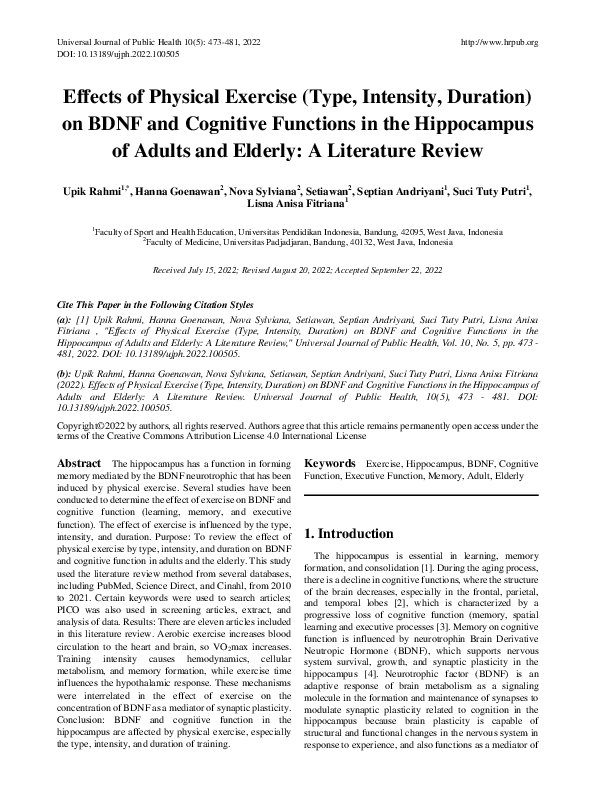 (PDF) Effects of Physical Exercise (Type, Intensity, Duration) on BDNF and Cognitive Functions ...