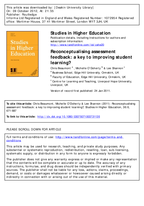 (PDF) Reconceptualising assessment feedback: a key to improving student learning?