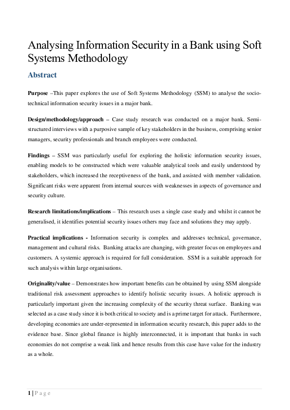 (PDF) Analysing information security in a bank using soft systems methodology
