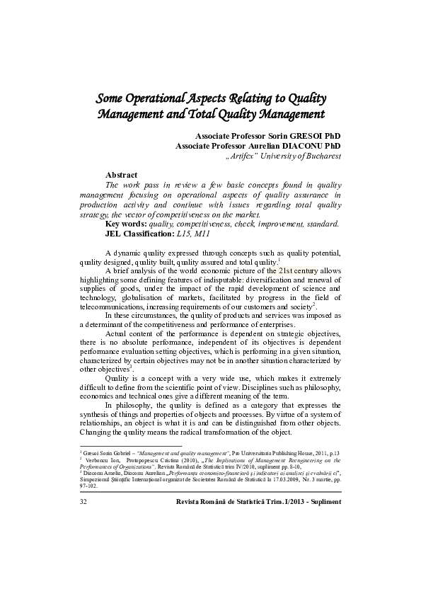 (PDF) Some Operational Aspects Relating to Quality Management and Total ...