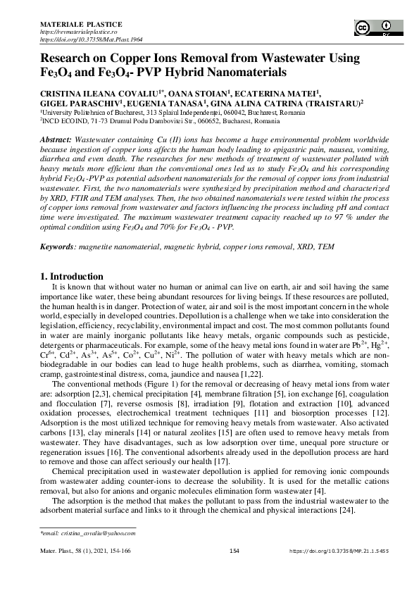 (PDF) Research on Copper Ions Removal from Wastewater Using Fe3O4 and Fe3O4- PVP Hybrid ...