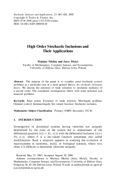 (PDF) High Order Stochastic Inclusions and Their Applications