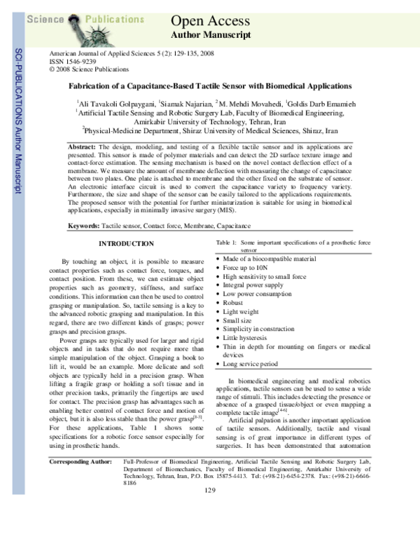 Pdf Fabrication Of A Capacitance Based Tactile Sensor With Biomedical