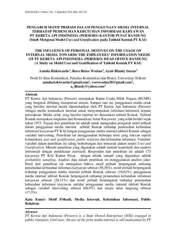 (PDF) PENGARUH MOTIF PRIBADI DALAM PENGGUNAAN MEDIA INTERNAL TERHADAP PEMENUHAN KEBUTUHAN ...