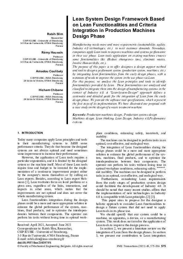 Pdf Lean System Design Framework Based On Lean Functionalities And Criteria Integration In