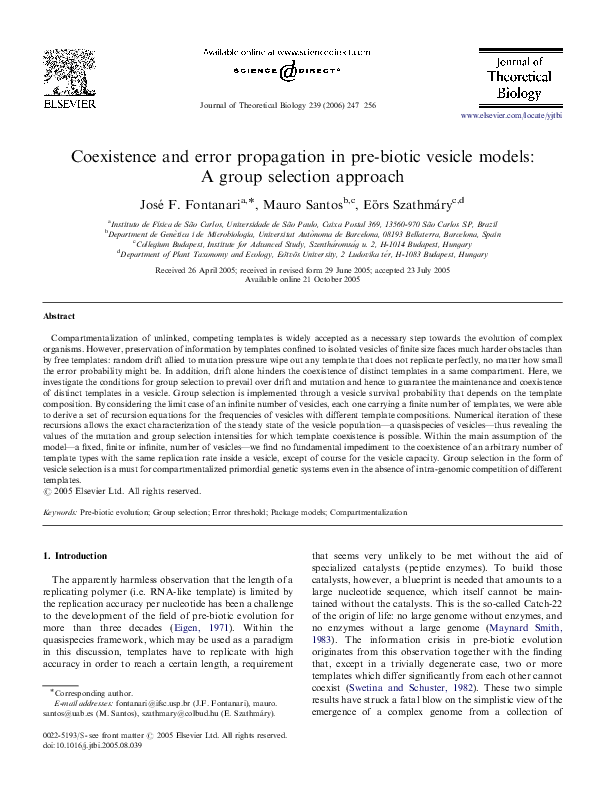 (PDF) Coexistence and error propagation in pre-biotic vesicle models: A ...