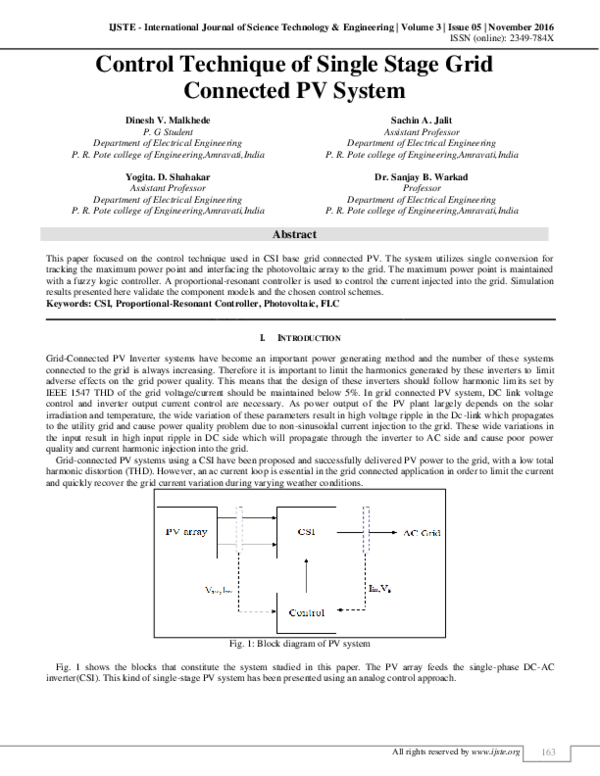 (PDF) Control Technique of Single Stage Grid Connected PV System