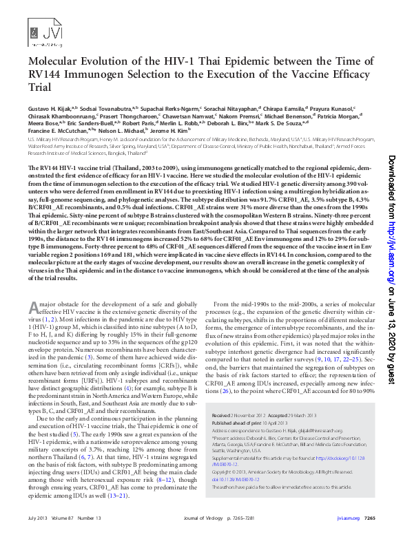 (PDF) Molecular Evolution of the HIV-1 Thai Epidemic between the Time of RV144 Immunogen ...