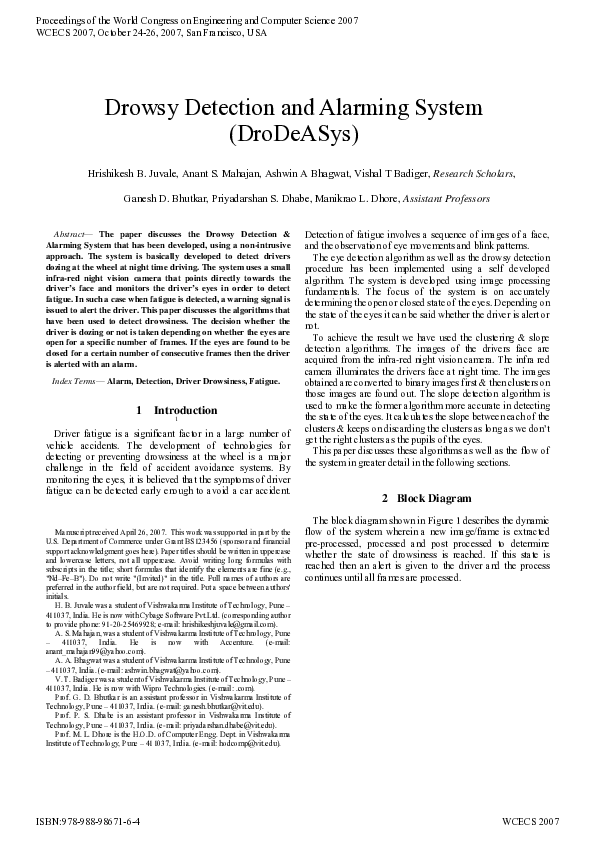 Pdf Drowsy Detection And Alarming System Drodeasys Ashwin Bhagwat
