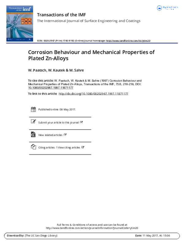 (PDF) Corrosion Behaviour and Mechanical Properties of Plated Zn-Alloys