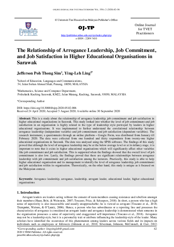 (PDF) The Relationship of Arrogance Leadership, Job Commitment,and Job ...