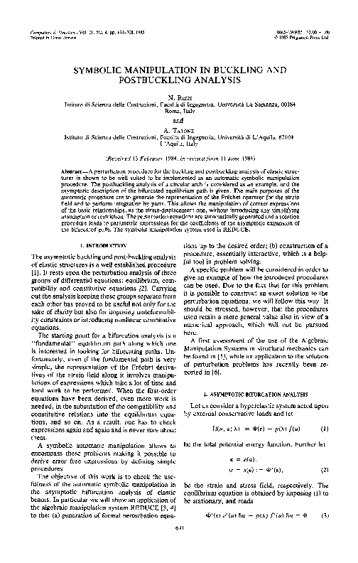 (PDF) Symbolic manipulation in buckling and postbuckling analysis